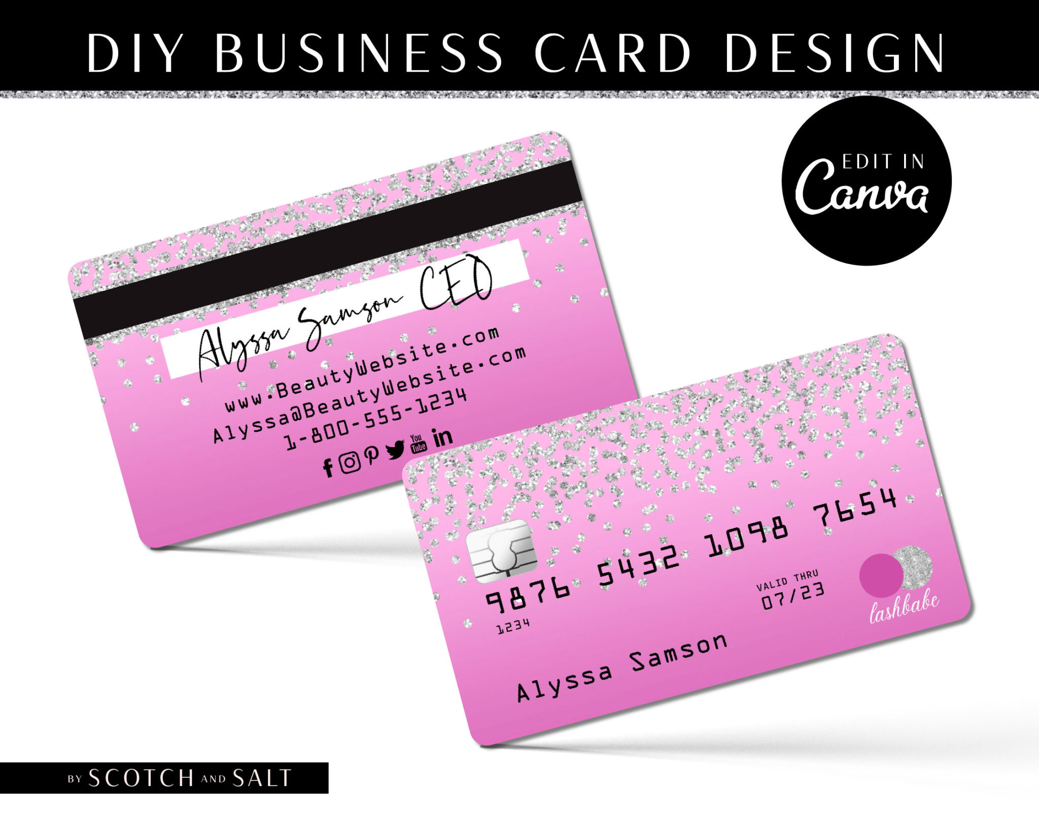 Pink Glitter Credit Card Business Card template - Scotch and Salt