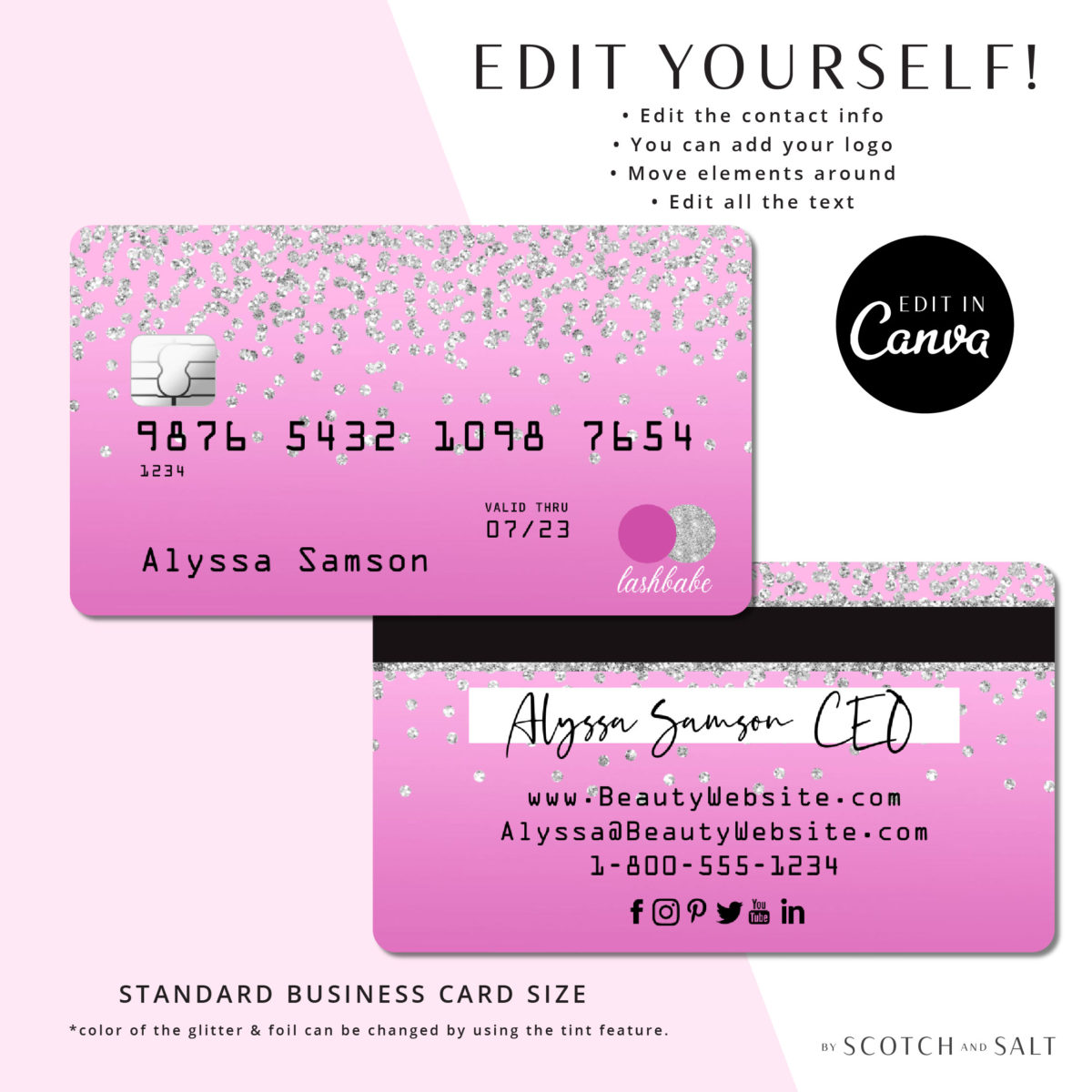 Pink Glitter Credit Card Business Card template - Scotch and Salt