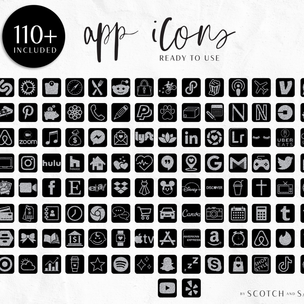 iPhone App Icons Black and Silver Glitter - Scotch and Salt